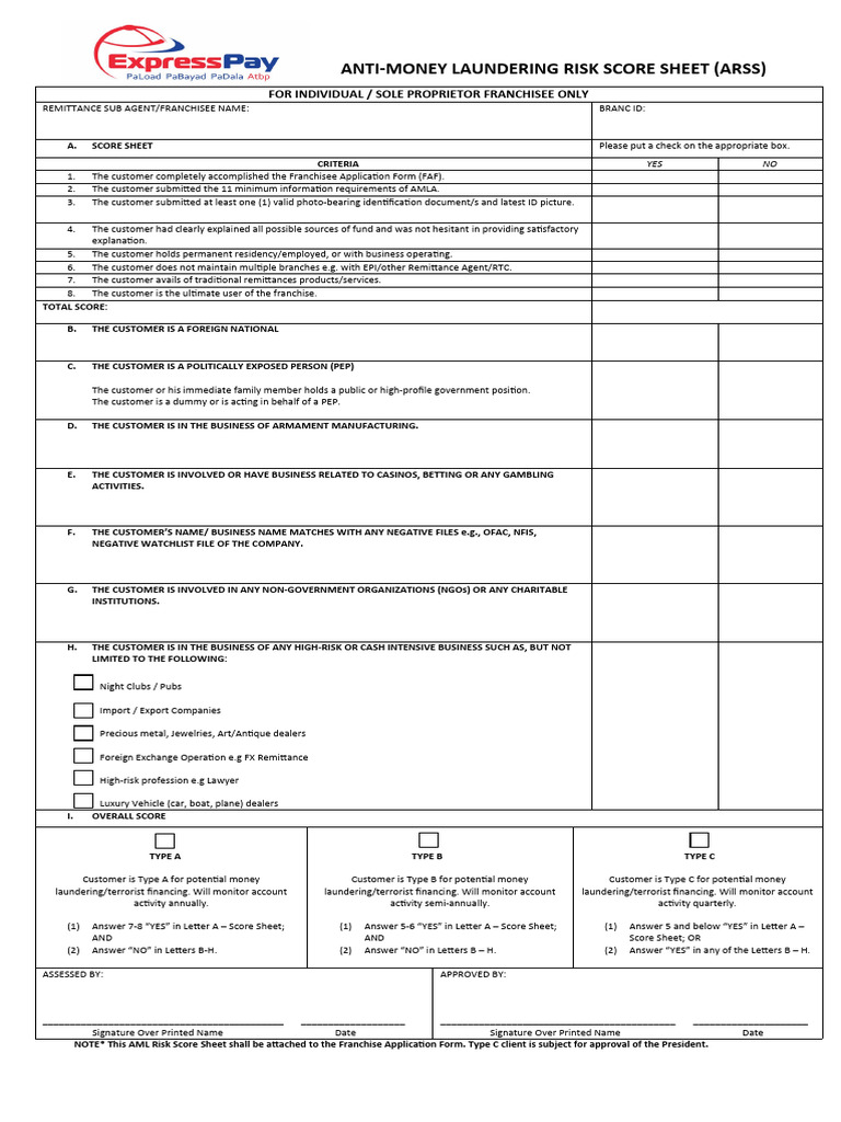 AML Risk Score Assessment for Franchisees | PDF | Business