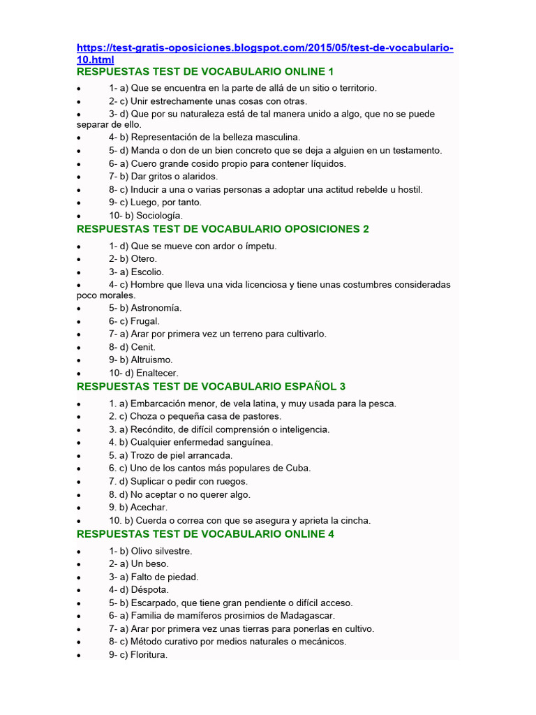 Soluciones Test de Vocabulario 1-10 Oposiciones | PDF