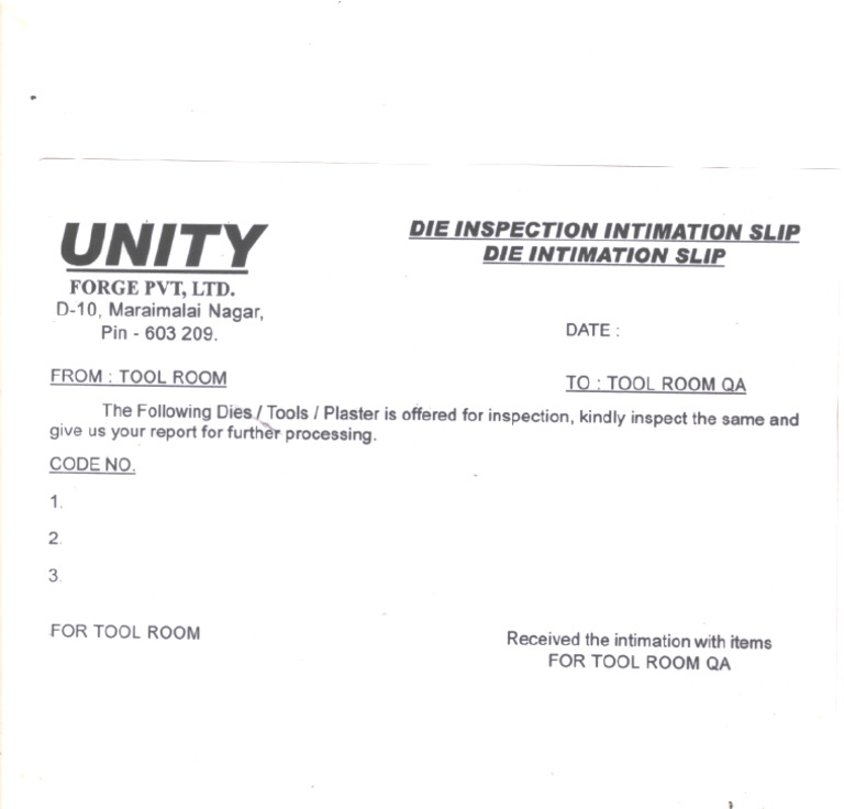 Die Inspection Intimation Slip | PDF