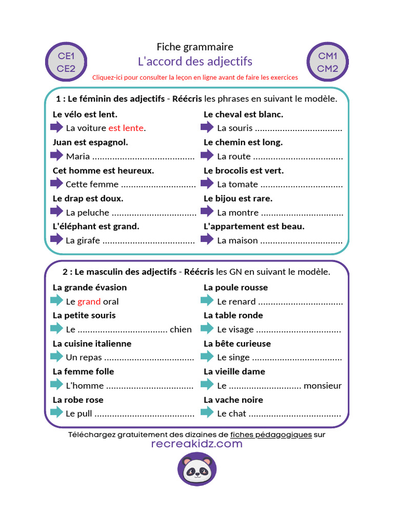Accord Des Adjectifs Ce1 Ce2 Cm1 Cm2 | PDF | Genre grammatical ...