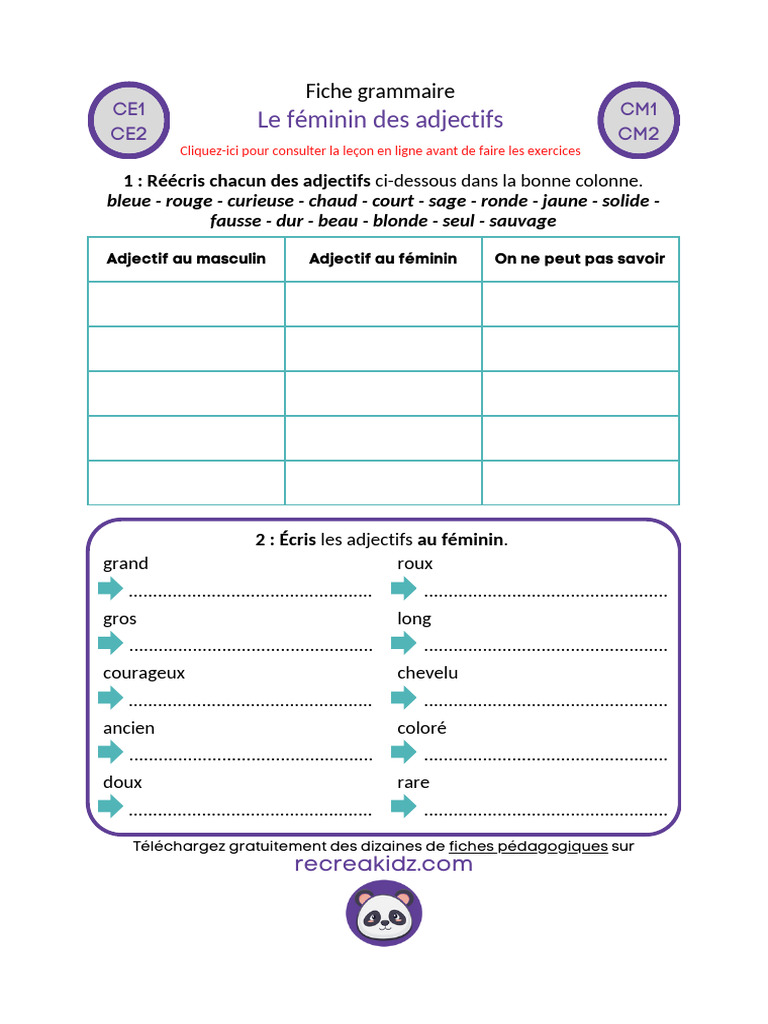 Le Feminin Des Adjectifs Ce1 Ce2 Cm1 Cm2 | PDF | Couleur