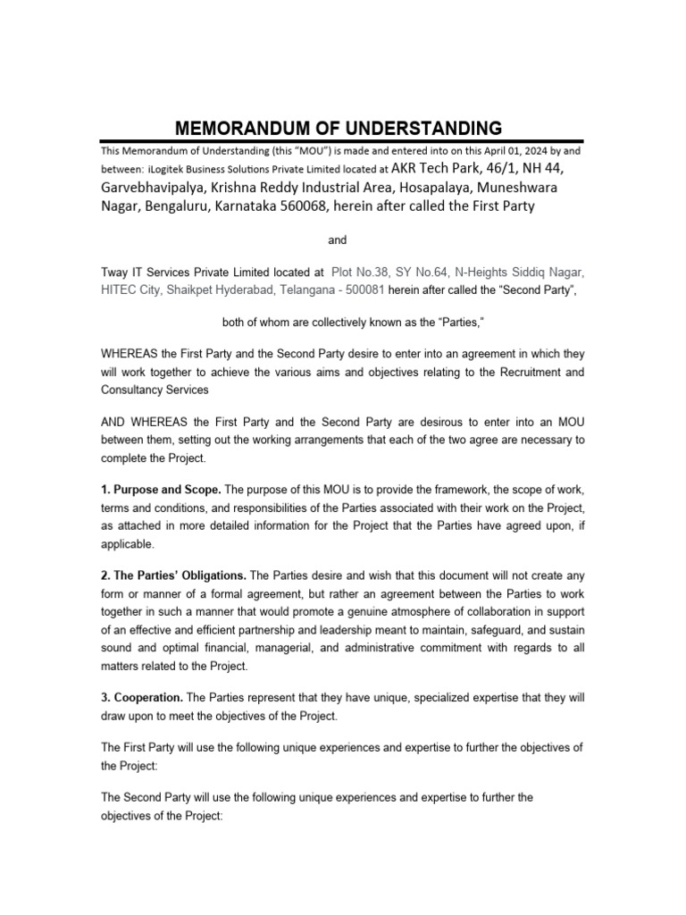 Memorandum of Understanding | PDF | Indemnity | Business Law