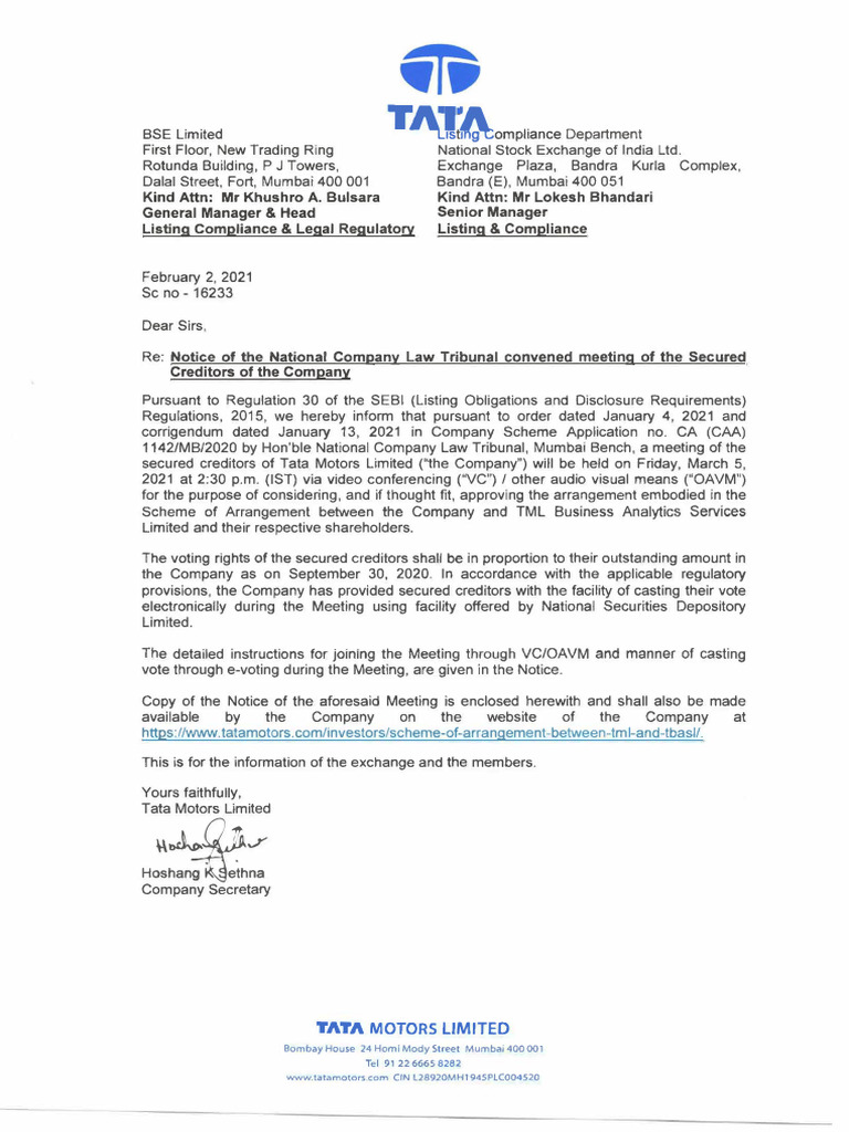 Tata Motors Secured Creditors Meeting Notice | PDF | Electronic Voting | Password