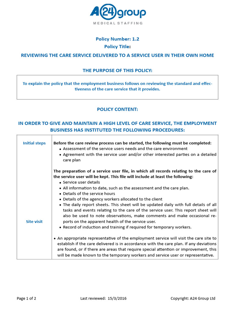 Policy+1 2+Care+Service+Review | PDF | Employment | Temporary Work