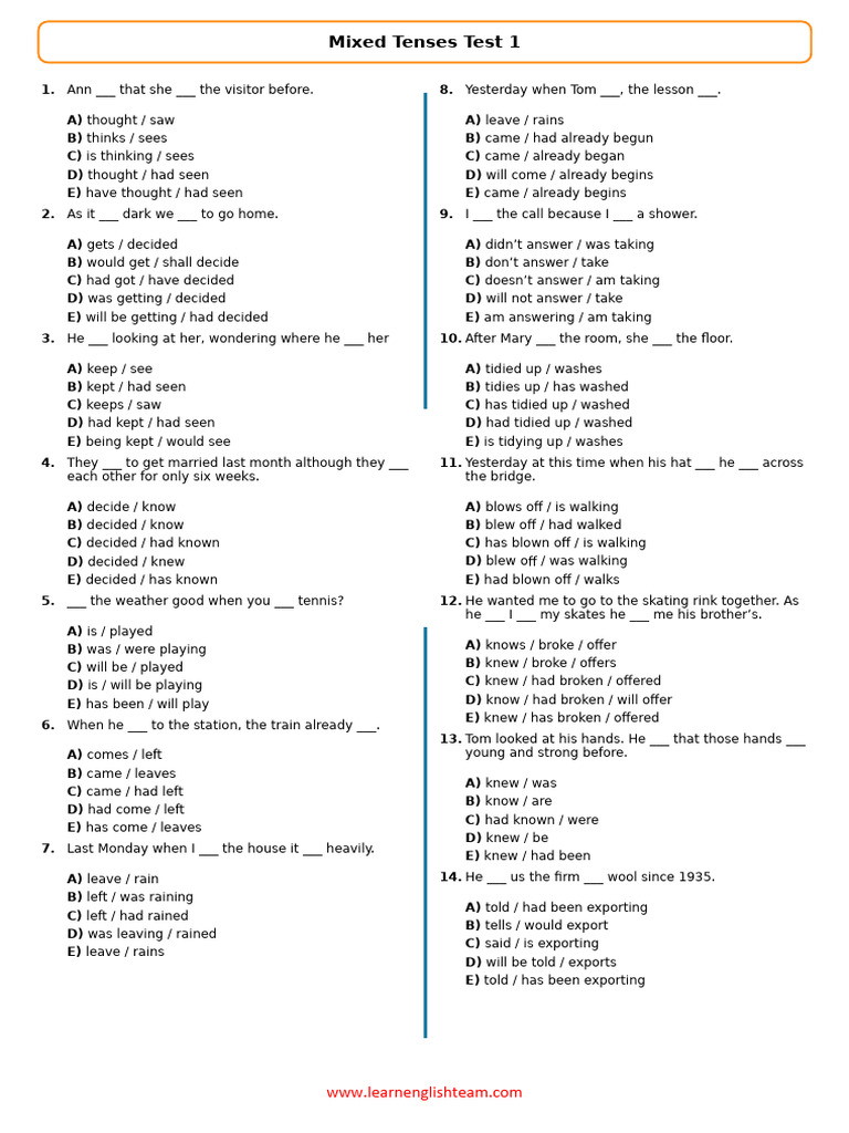 Mixed Tenses Practice Test | PDF | Language Arts & Discipline