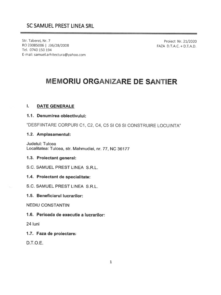 Memoriu Organizare de Santier | PDF