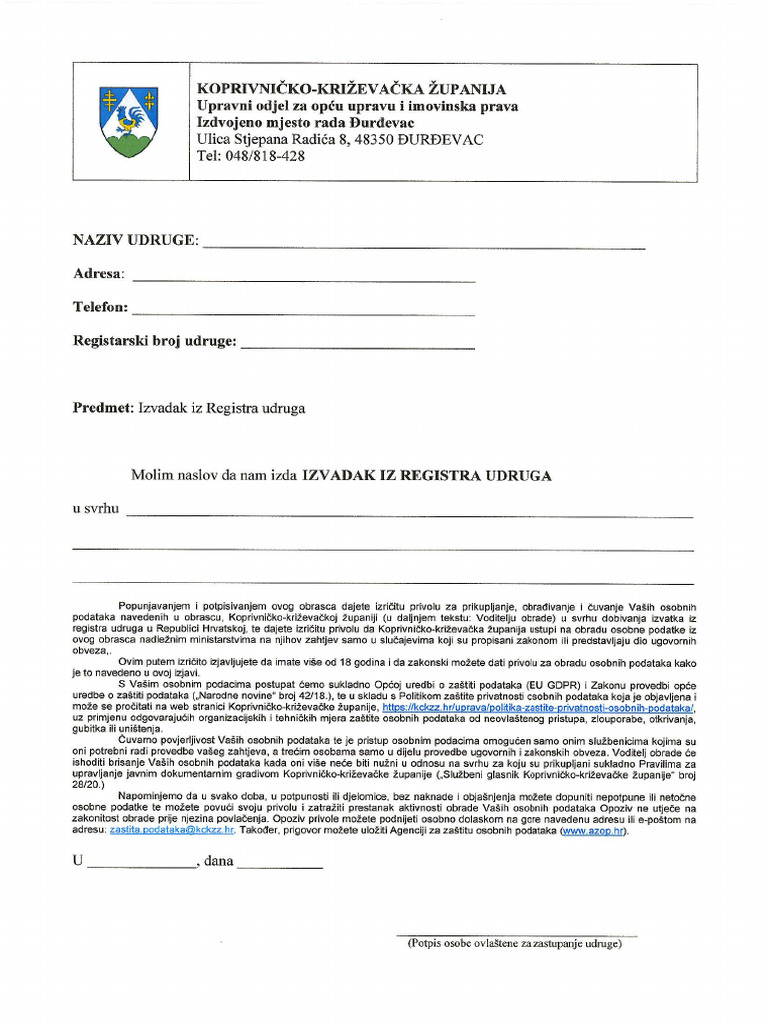 Zahtjev Za Izvadak Iz Registra | PDF