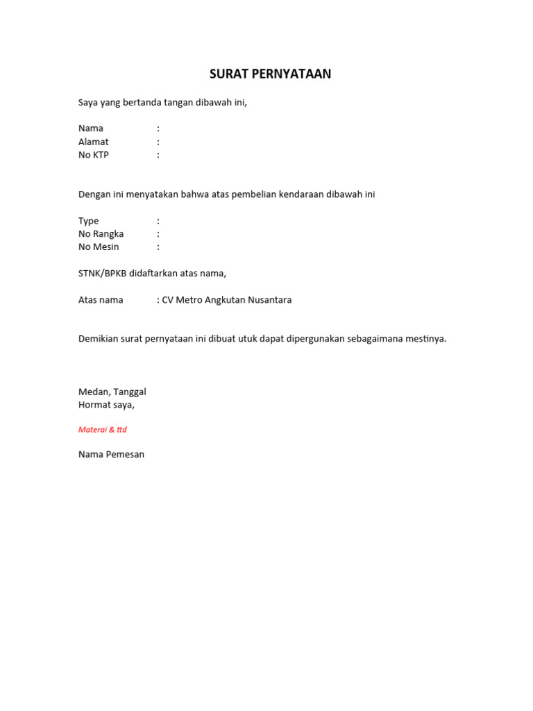 Template Surat Pernyataan_files__surat Pernyataan Stnk Cv. Metro (Un ...