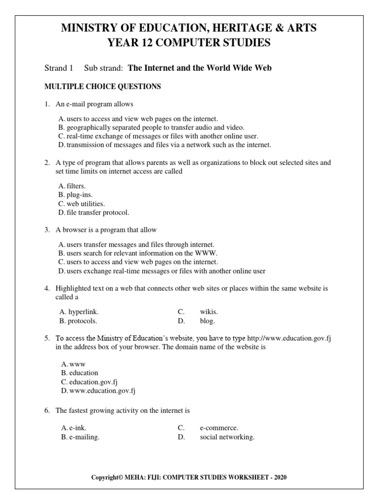 Year 12 - Computer Studies Worksheet 1 | PDF | World Wide Web ...
