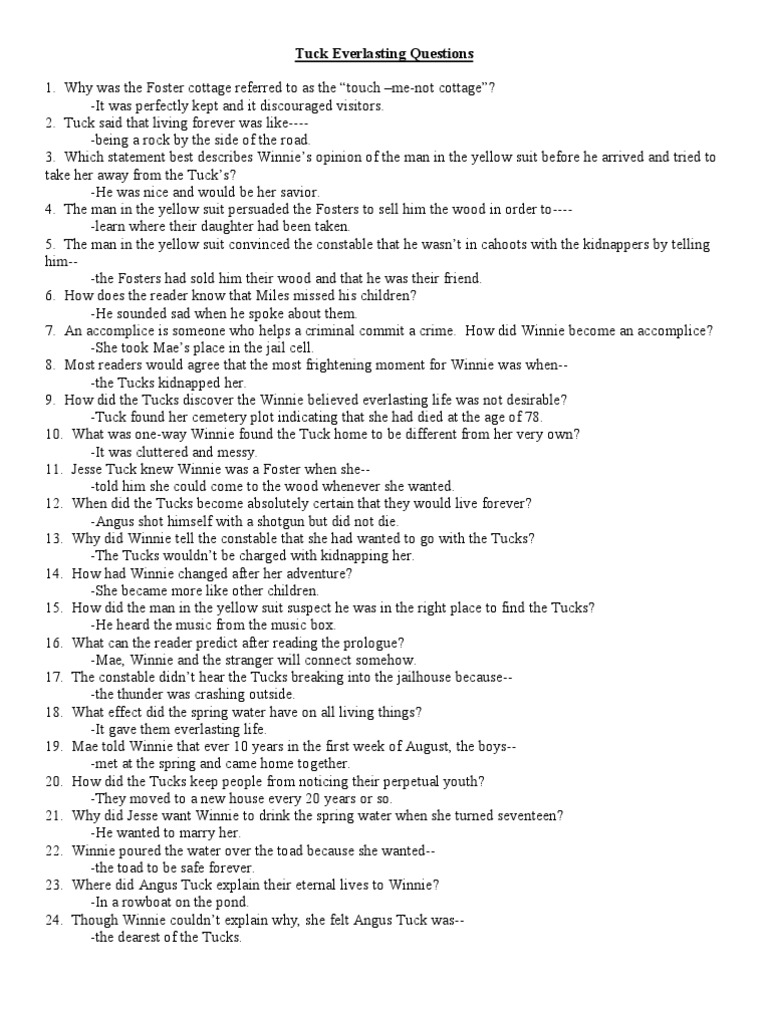 Tuck Everlasting Final Test, Literacy, AR Questions | PDF | Violence