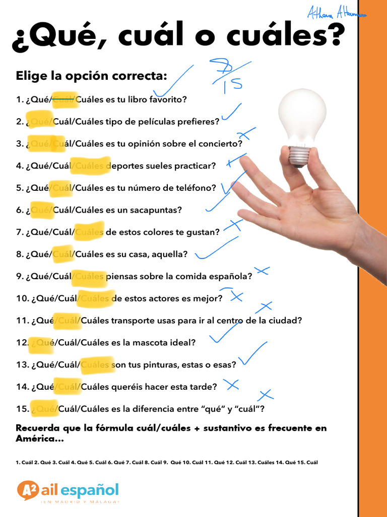 Quiz Ejercicio Diferencias Que Cual Espanol | PDF