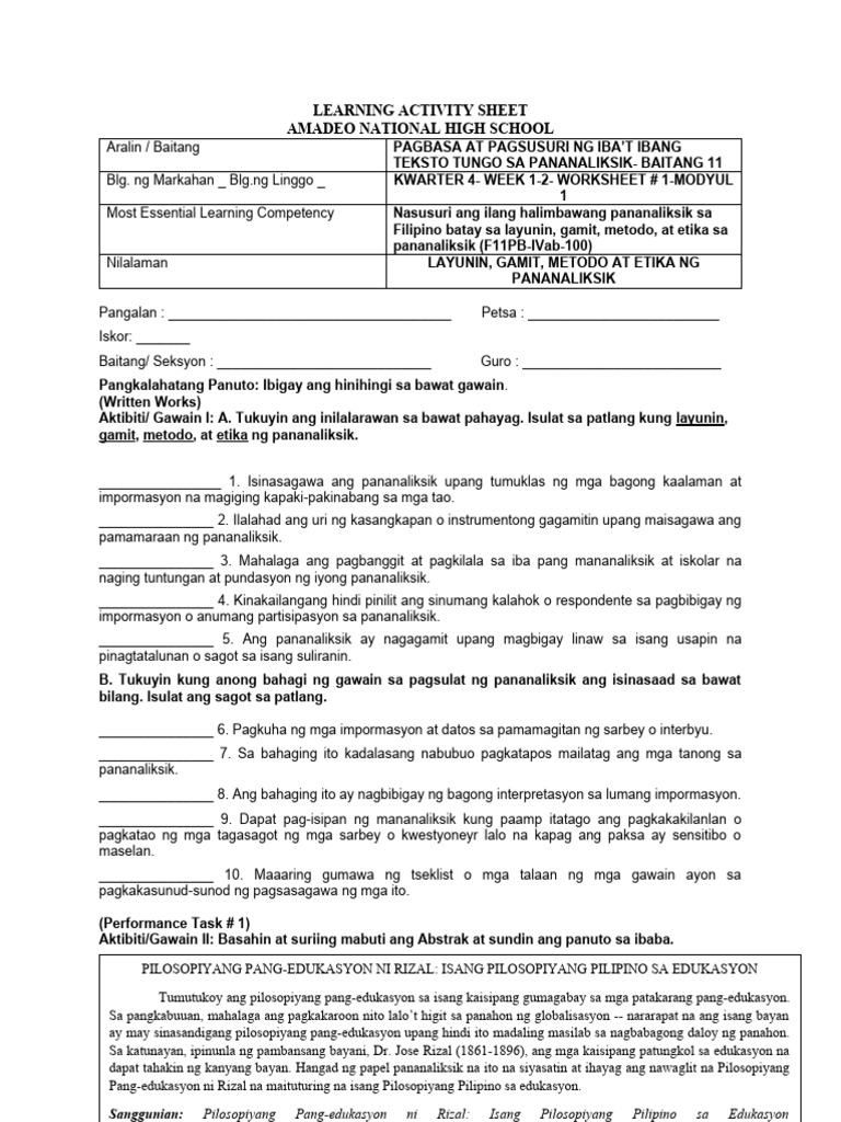 Learning Activity Sheet | PDF