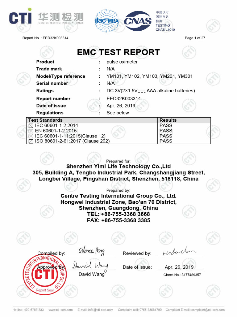 EMC Test Report for Pulse Oximeter | PDF | Voltage | Electrostatic ...