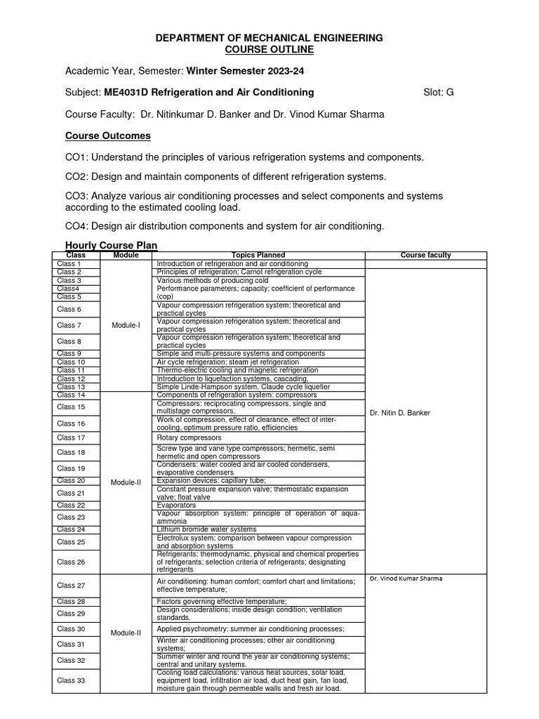 ME4031D RAC_COURSE PLAN | PDF | Physical Quantities | Engineering ...