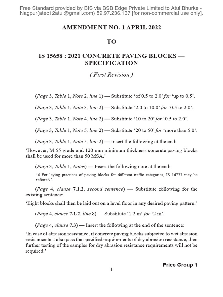 Amendment No. 1 April 2022 TO Is 15658: 2021 Concrete Paving Blocks ...