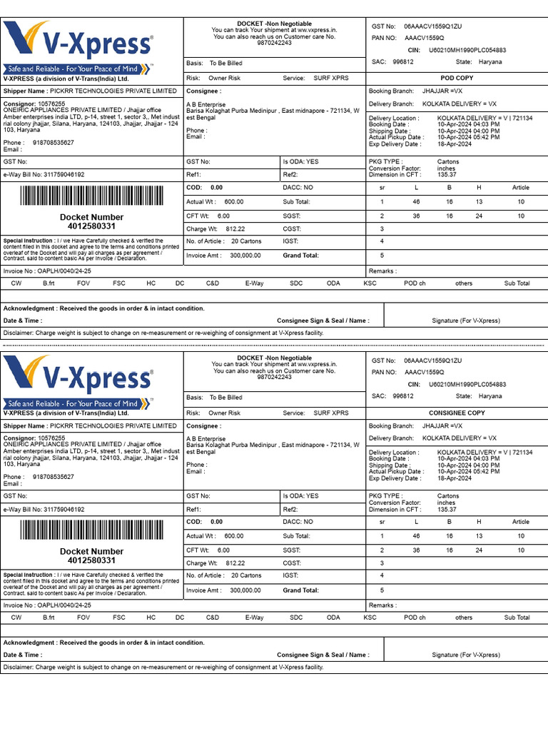 Docket Number 4012580331: Special Instruction: I / We Have Carefully ...