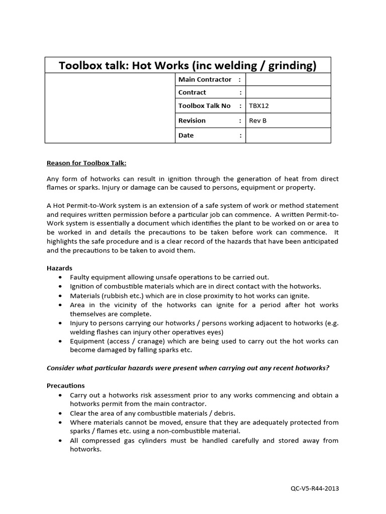 Hot Works Safety Guidelines and Precautions | PDF | Occupational Safety ...