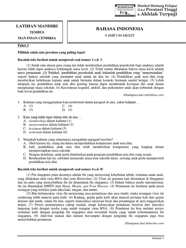 Bahasa Indonesia - MAN IC - Latihan Mandiri 2 (Layout) TA 23-24 | PDF