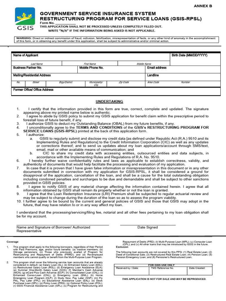 Annex B Application Form For GSIS - RPSL - 22 - May - 2023 907am | PDF ...