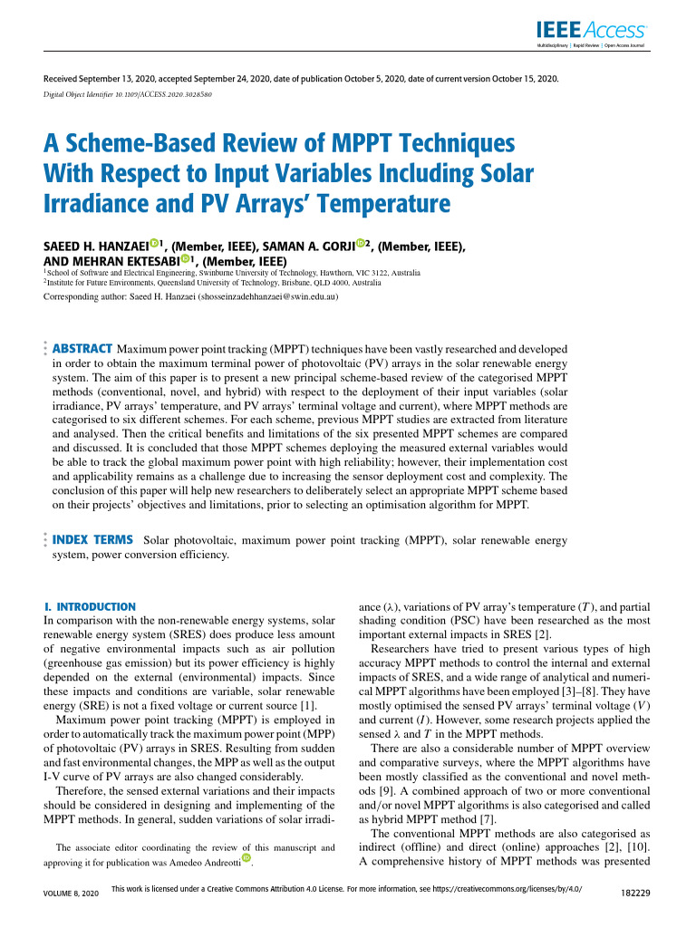 A Scheme-Based Review of MPPT Techniques With Respect to Input Variables Including Solar ...