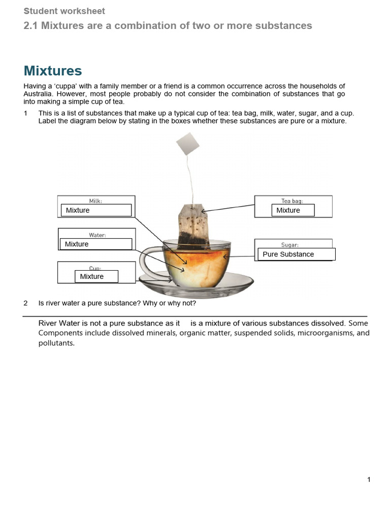 Chapter 2.1 Worksheet Mixtures | PDF | Mixture | Chemical Substances