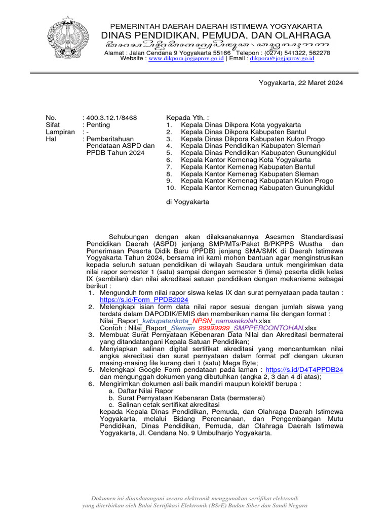 Pemberitahuan Pendataan ASPD Dan PPDB Tahun 2024 | PDF