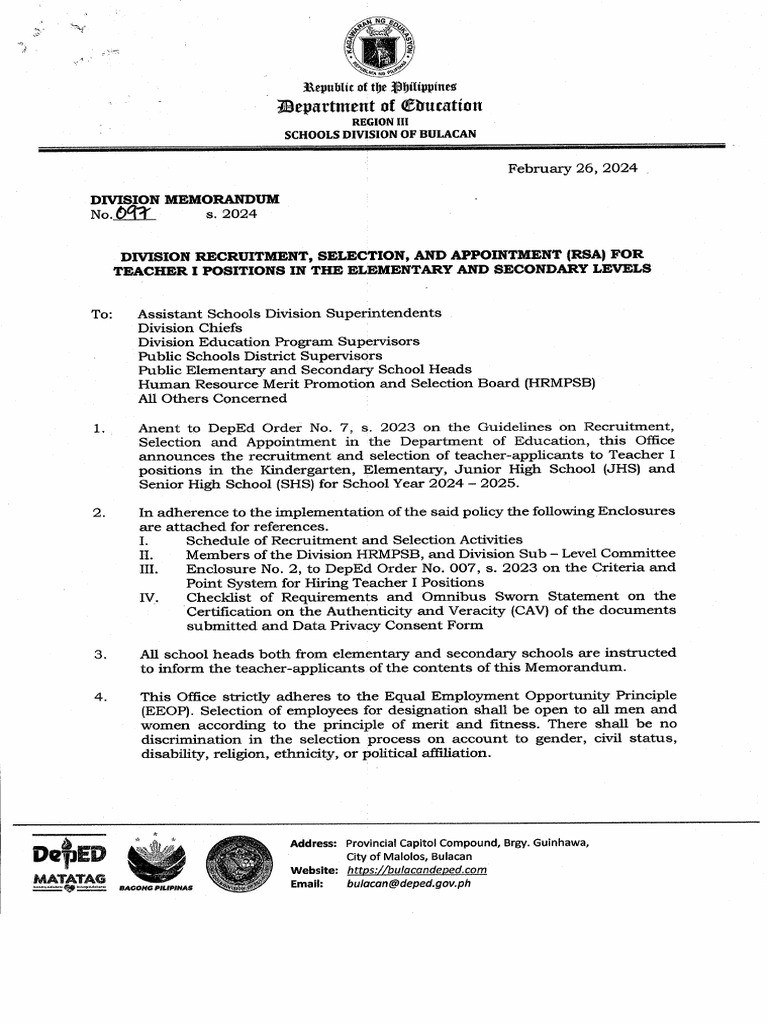 Division Memorandum No 097 S 2024 | PDF