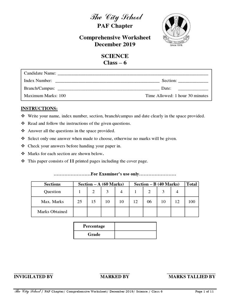 Science Comprehensive Worksheet For 1st Class 6 Paper 2019 | PDF | Force | Weight