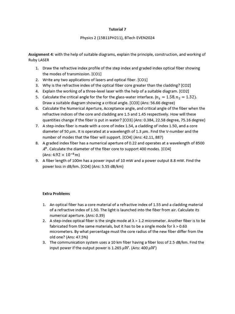 Tutorial 7 Even 2024 | PDF | Optical Fiber | Optics