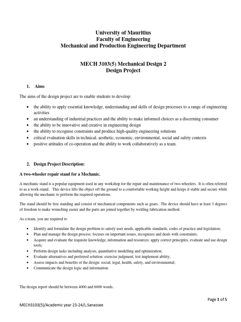 Design Brief Mech Design 2 2023-24 | PDF | Engineering | Design