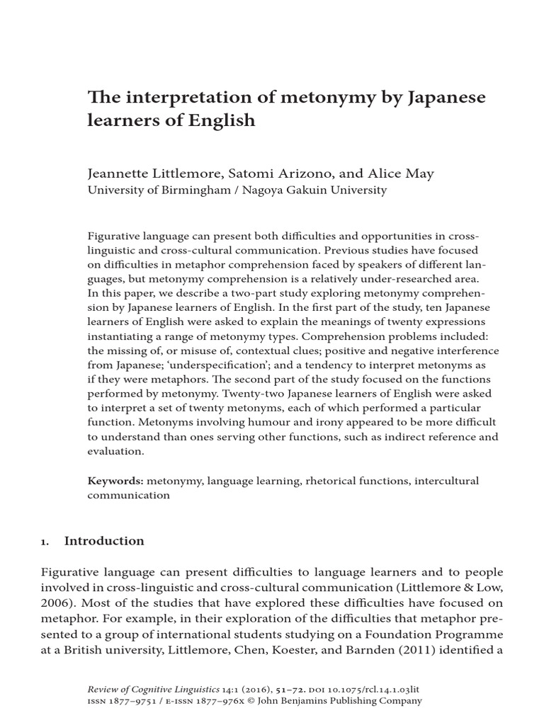 The Interpretation of Metonymy by Japanese Learners of English | PDF | Metaphor | Linguistics