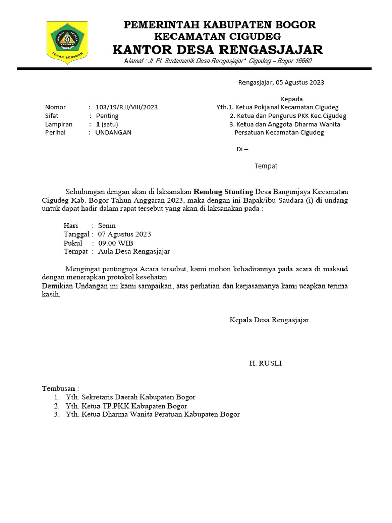 Kop Surat Desa Rengasjajar | PDF