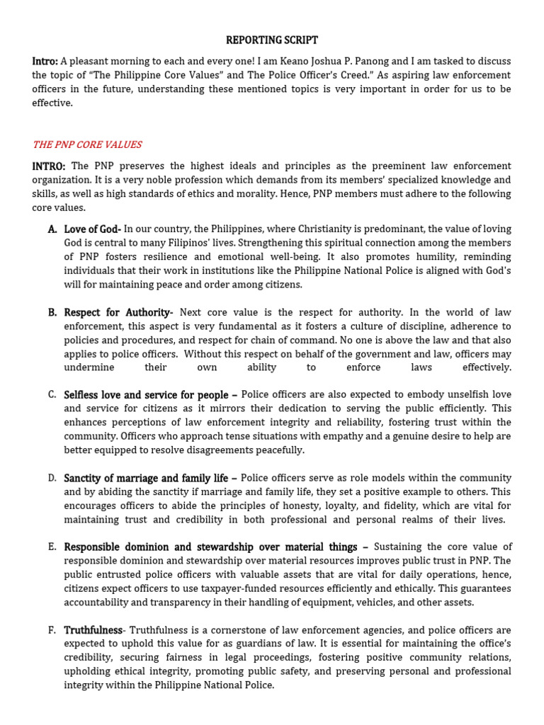 PNP Creed and Core Values | Download Free PDF | Police | Integrity