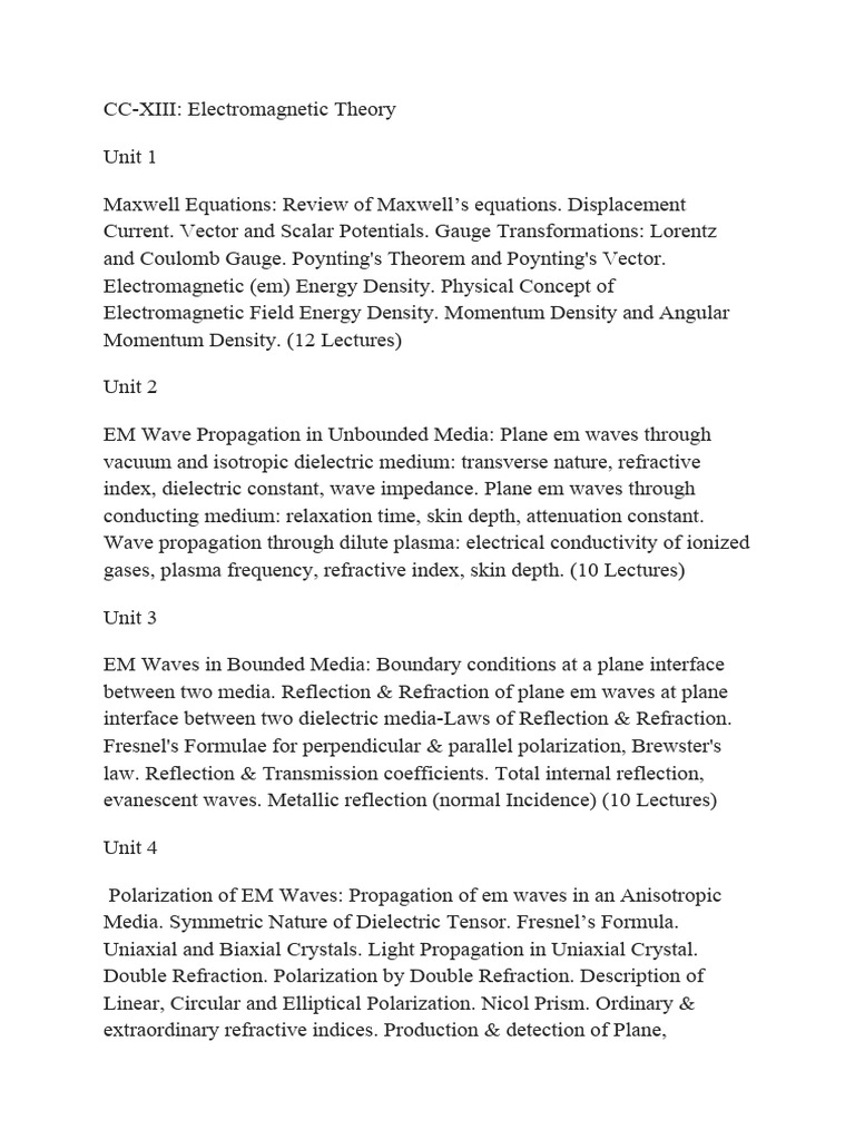 CC-XIII Electromagnetic Theory Unit 1 Maxwell Equations Revi | PDF | Polarization (Waves) | Waves