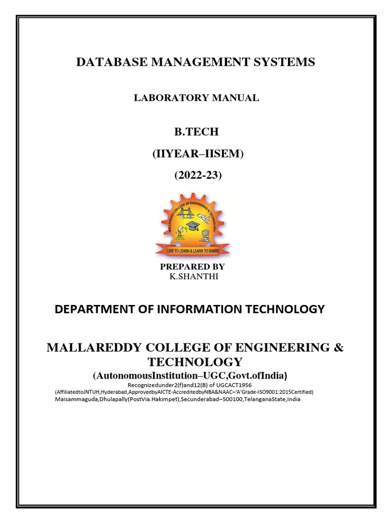 It - (20) - 2-2 - Database Management Systems Laboratory Manual (2022-23) | PDF | Relational ...