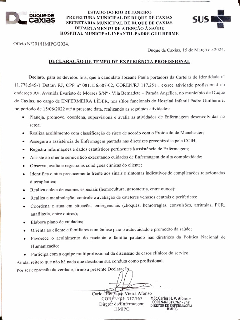 Declaração de tempo de serviço | PDF | Enfermagem | Ciências da Saúde Declaração de tempo de serviço | PDF | Enfermagem | Ciências da Saúde