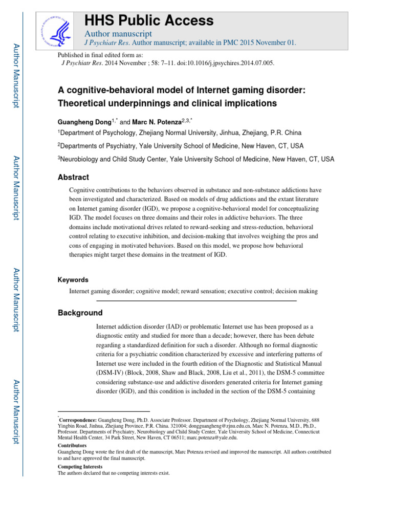 64. Dong 2014 A cognitive-behavioral model of Internet gaming disorder | PDF | Cognitive ...