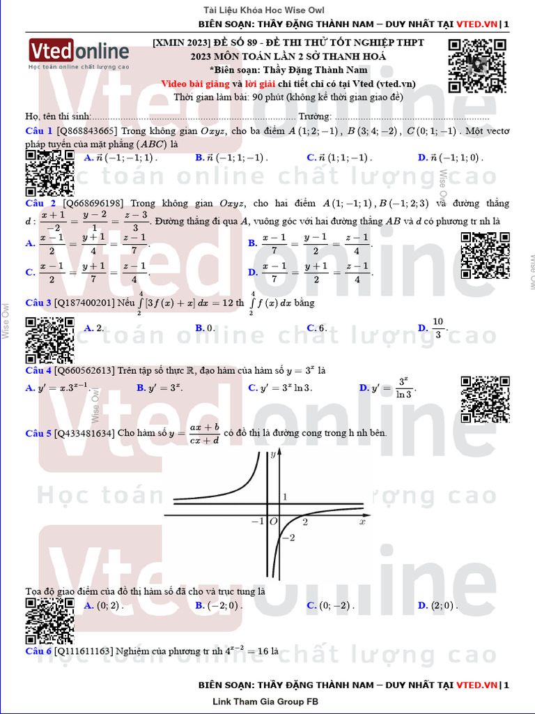 XMIN 2023 Đề số 89 Đề thi thử tốt nghiệp THPT 2023 môn Toán lần 2 Sở Thanh Hoá | PDF