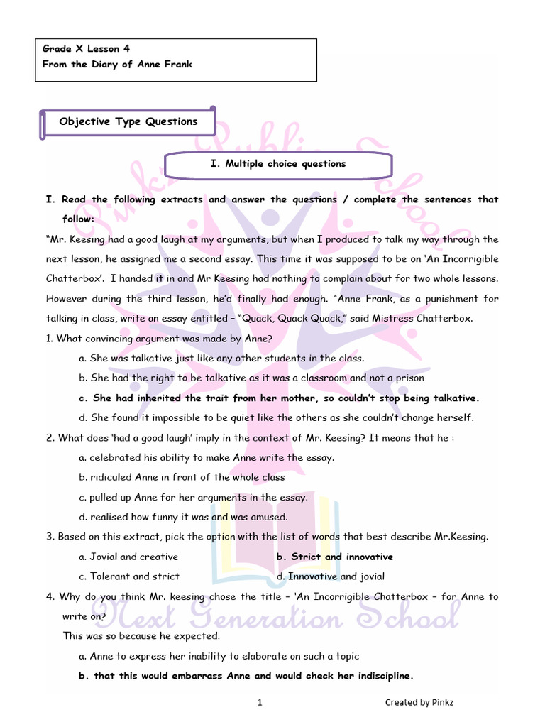GRADE X Lesson 4 From The Diary of Anne Frank 1 | PDF | Anne Frank