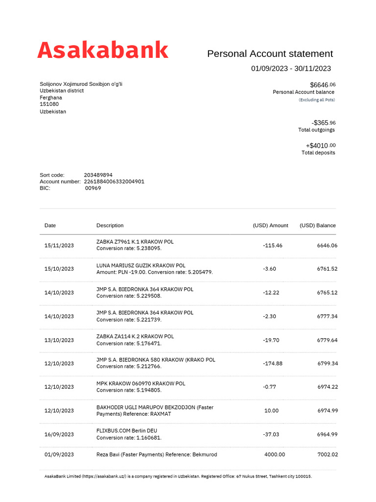 Asaka Bank Personal Account Statement | PDF | Personal Finance ...