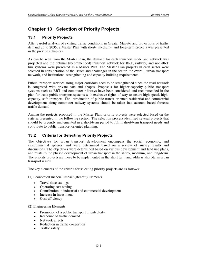 Comprehensive Urban Transport Master Plan for the Greater Maputo - Chapter 13 Selection of ...