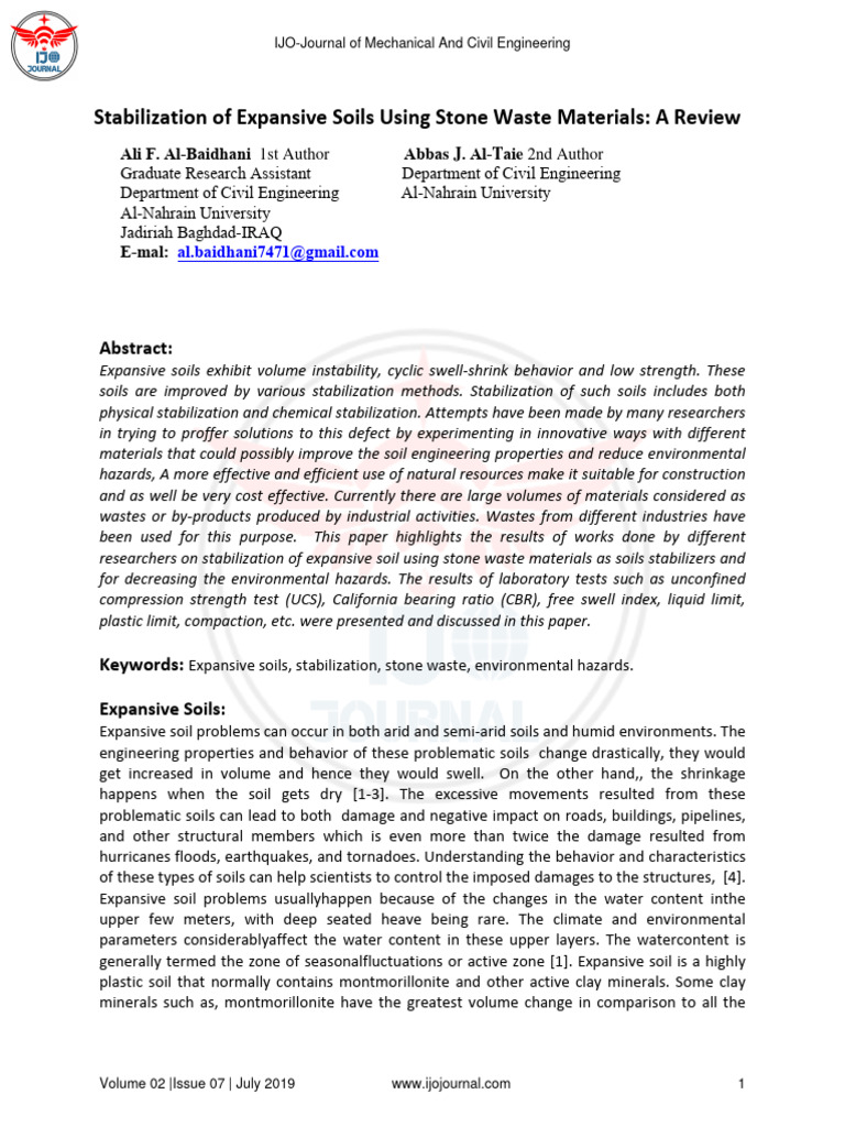Stabilization of Expansive Soils Using Stone Waste Materials: A Review ...