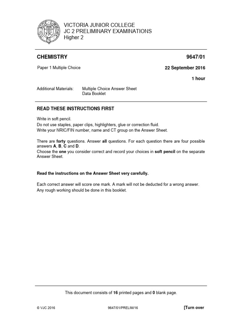 2016 Chemistry H2 JC2 Victoria Junior College | PDF | Hydroxide | Coordination Complex
