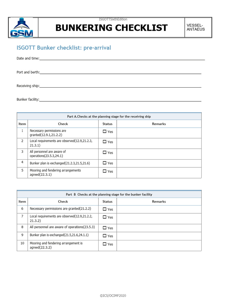 BUNKER CHECKLIST NEW ISGOT | PDF