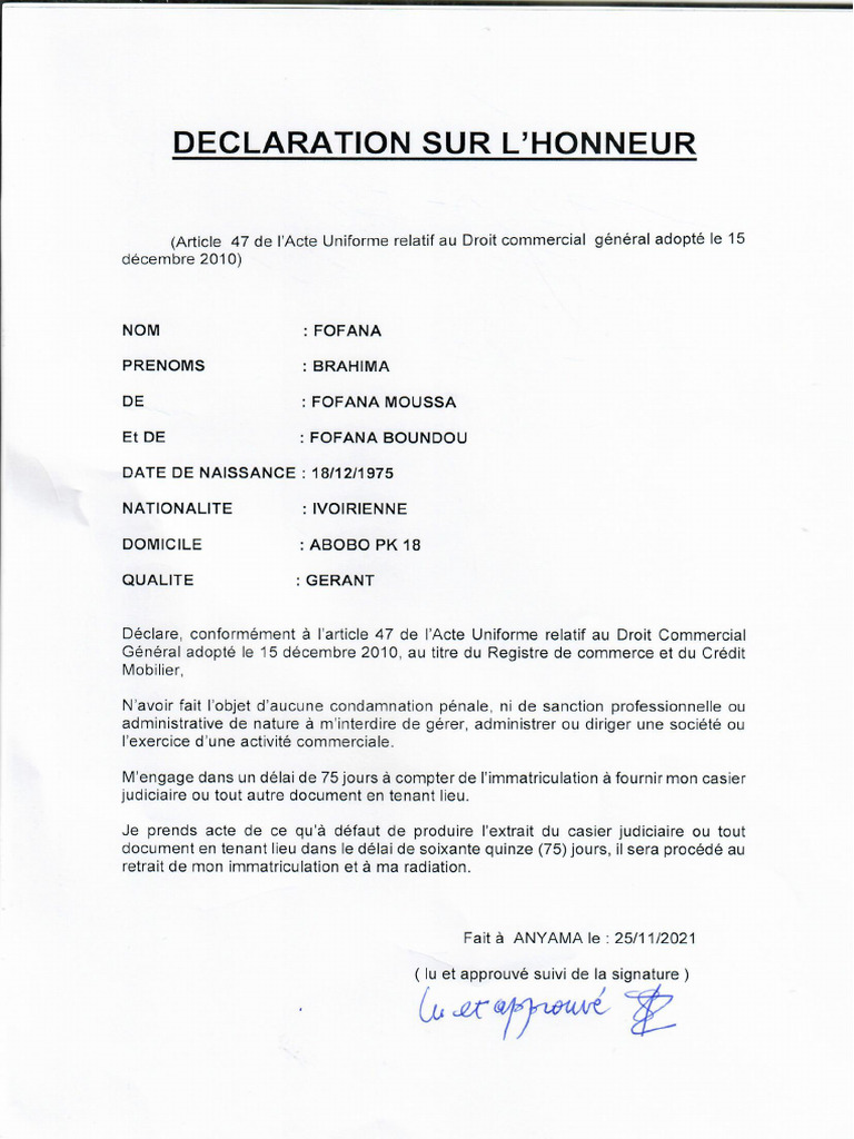 Declaration Sur l'Honneur | PDF