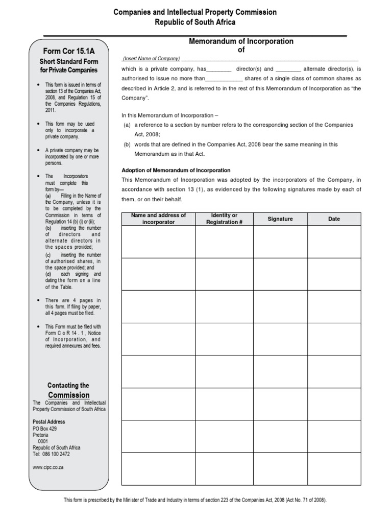 South Africa Private Company MOI Form | PDF | Board Of Directors ...