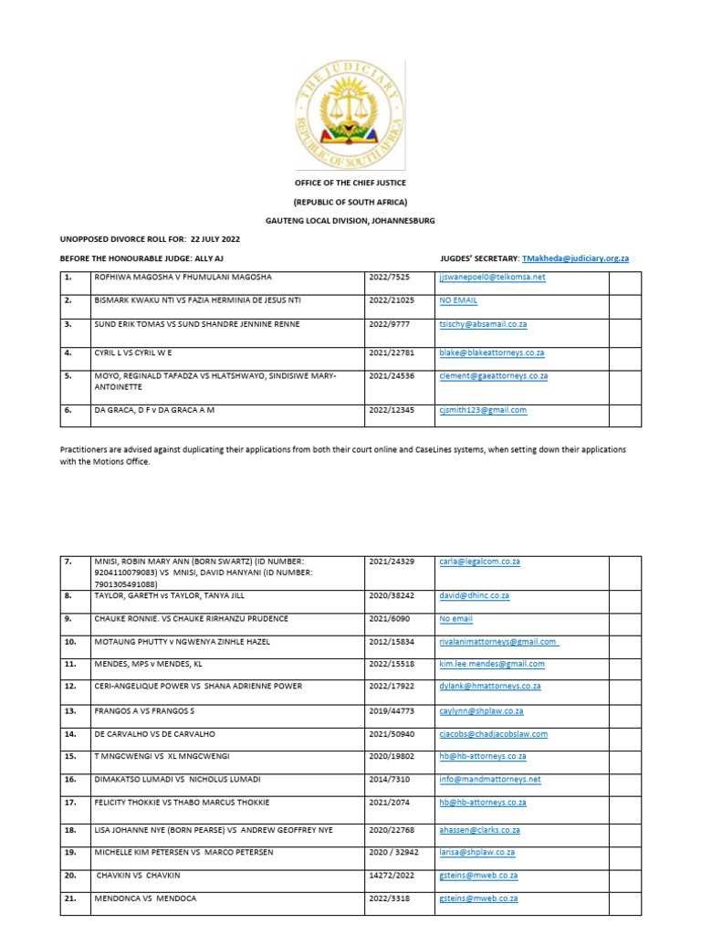 22 July 2022 - Unopposed Divorce Roll Before Ally AJ | PDF