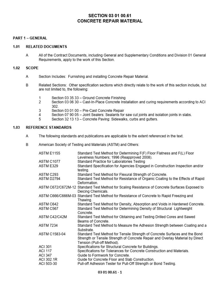 Specifications Concrete Repair Material 03-01-00 61 | PDF | Concrete ...
