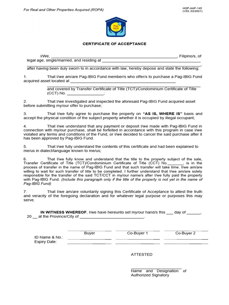 HQP-AAF-145 Acceptance Certificate | PDF | Property Law | Common Law