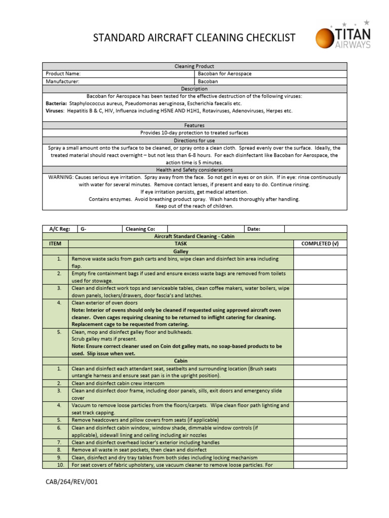 Standard Aircraft Cleaning Checklist | PDF | Toilet | Vacuum Cleaner